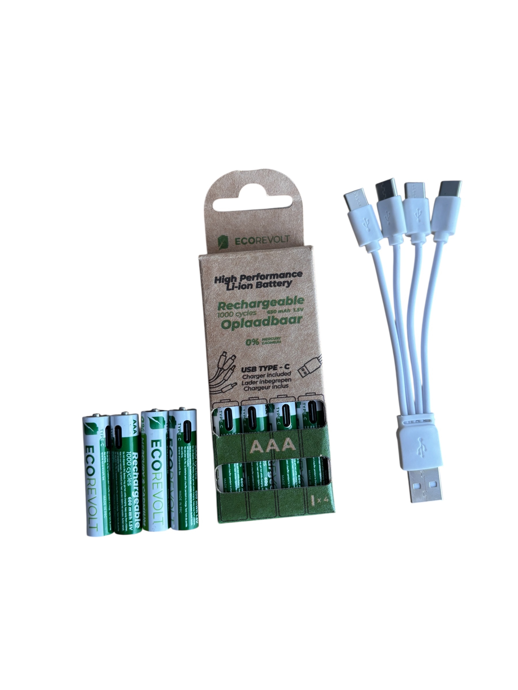 USB-C ECOREVOLT 650 mAh rechargeable AAA batteries | 1000 durable cycles